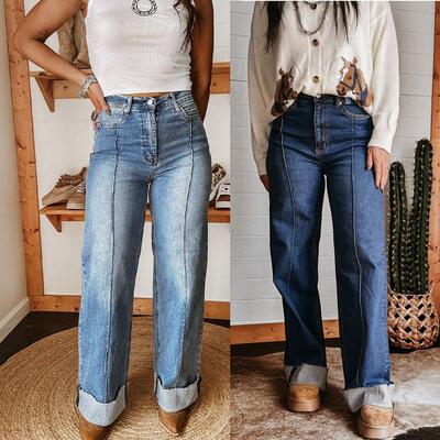 Waist Front Seam Detail Cuffed Straight Leg Jeans 82571