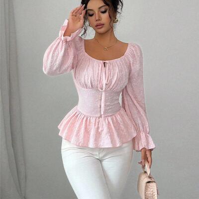 New Womens Square Neck Long Sleeve Woven Floral Blouse