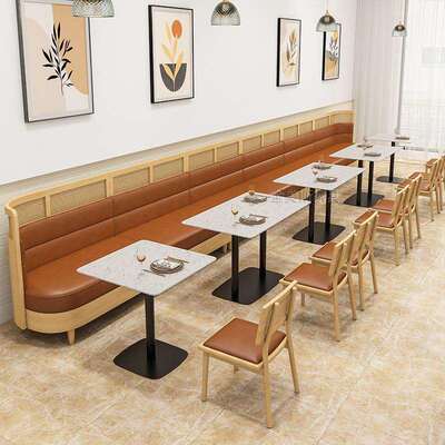 西餐厅靠墙卡沙水发磨石桌藤编椅座参照标注椅商用饭店餐饮餐厅桌