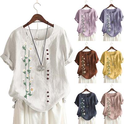 Printed cotton and linen T-shirt top for women