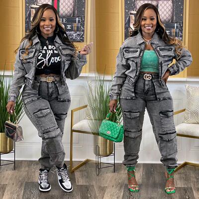 Women'S Clothing Sets Multi Pockets Denim Pants Outfit