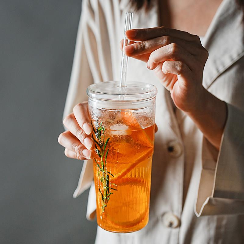 覆古浮雕玻璃吸管杯大人带盖子奶茶柠檬水杯大容量创意情侣杯高颜