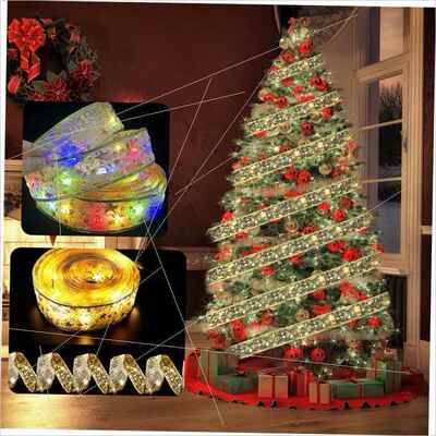 Christmas ribbon lights strung with Christmas tree ribbons
