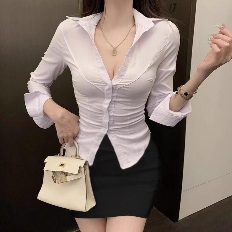 纯欲风性感辣妹修身长袖收腰白衬衫黑包臀裙职业套装jk制服工作服