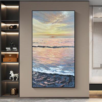 手绘油画玄关《余霞散绮》客厅抽象装饰画过道立体挂画竖版纯手工