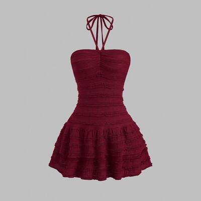 Women's Textured Smocked Mini Dress, Halter Tie Neck
