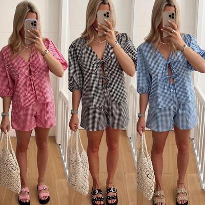 Women's Casual Bubble Sleeve Ruffle Shirt Tie Front Top