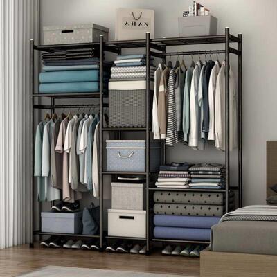 Iron Coat Rack Floor Standing Clothes Hanging Storage Shelf