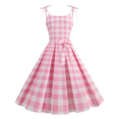 Pink plaid suspender square neck high waisted dress