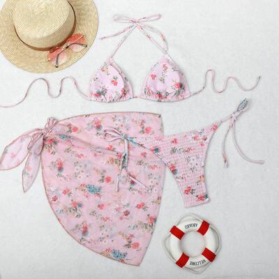 Printed bikini three piece yarn skirt split swimsuit