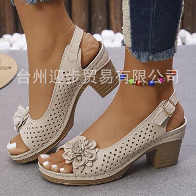 Large size floral coarse high-heeled sandals for women,