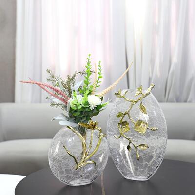 现简约裂纹圆卧形玻1694璃花瓶桌面摆玄关件酒店客厅室代软装家居