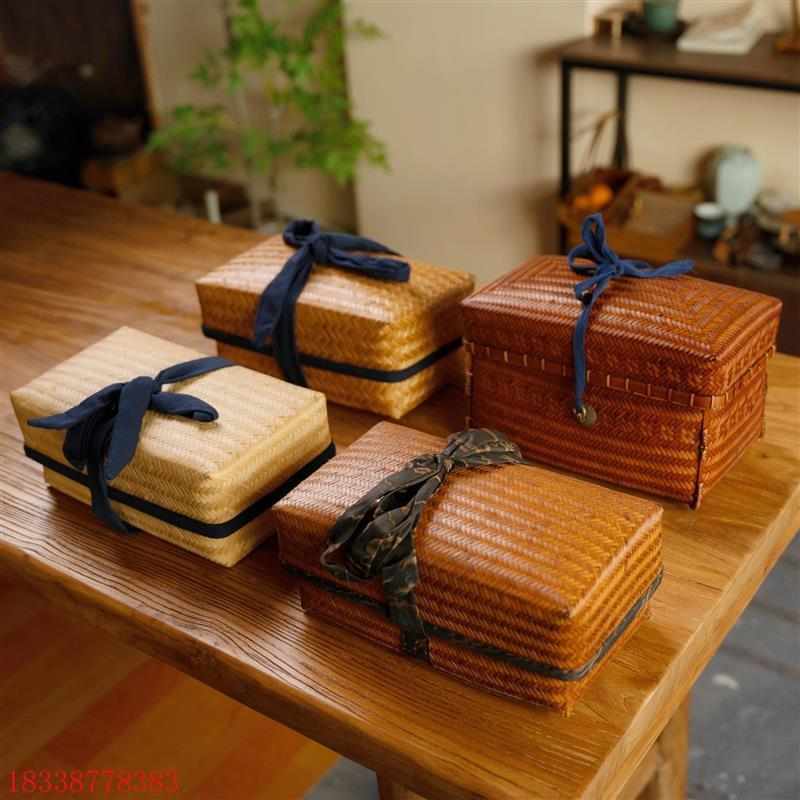 七月七手工竹编收纳盒 茶叶编织包装 竹制工艺品茶具收纳绑带盒子