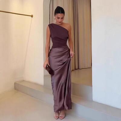 Womens OneShoulder Satin Evening Gown Long Bodycon Dress