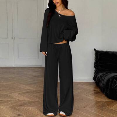 Women's 2-Piece Pajama Set Elegant Plain Long Sleeve Fitted