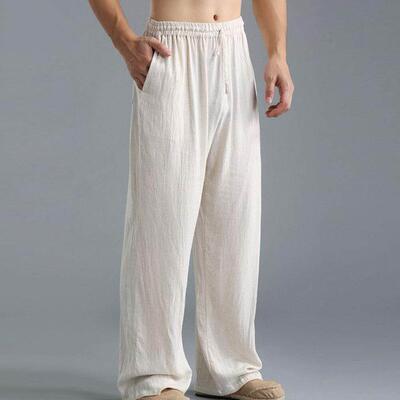 Plus Size Men Cotton Linen Long Pants Elastic Waist Loose St