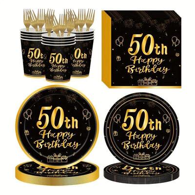 Black Gold Disposable Tableware For 50th Birthday Party Deco
