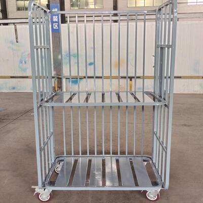 折叠式物流台车双层车板三面围栏PP滚针脚轮可折叠物料周转车