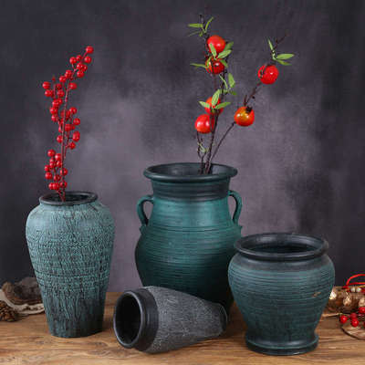 复古粗陶花瓶干花鲜花水培中式多肉花盆土陶罐瓦罐家居复古粗陶瓶