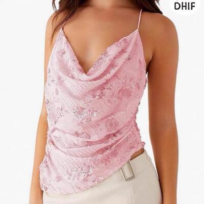 Women Halter Sequin Top Sparkly Cowl Neck Beaded Cami Top