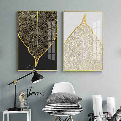 轻奢客厅装饰画沙发背景墙挂画餐厅饭厅金色叶子树叶壁画玄关走廊