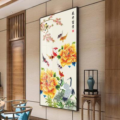 网红图玄关挂画鱼招财丹荷花壁画中式竖版牡道走廊过现代轻奢饰装