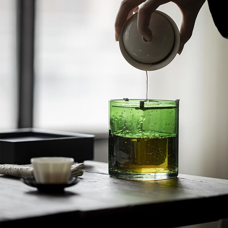 悬挂式气泡玻璃茶洗建水带盖琉璃水盂茶台废水缸茶渣桶茶滤