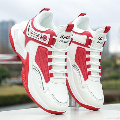 Mens High Top Basketball Shoes White with Red Accents
