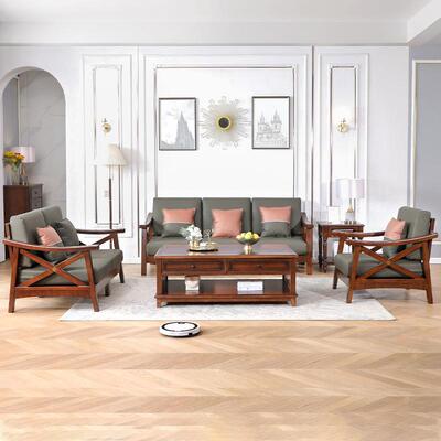 美式乡村厅实木沙发组木合布艺家客简约现代SBU复古转角沙发小户