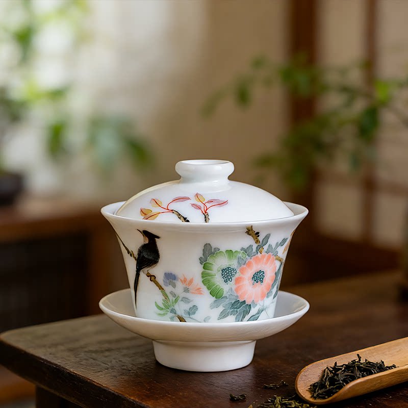 老瓷盖碗 系70年代官窑瓷洪江大球泥手绘茶杯古董收藏家用主人杯