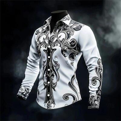 Men’s Collared Neck Fitted Cut 3D Artistic Printed Long