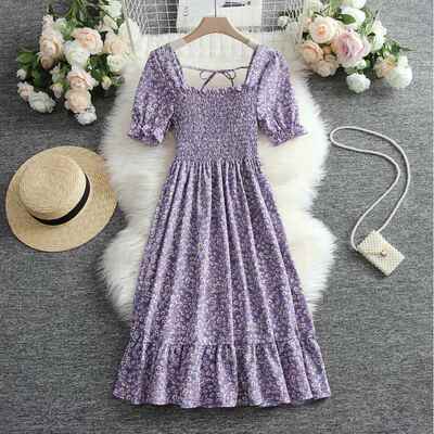 First love dress square collar short sleeved waist