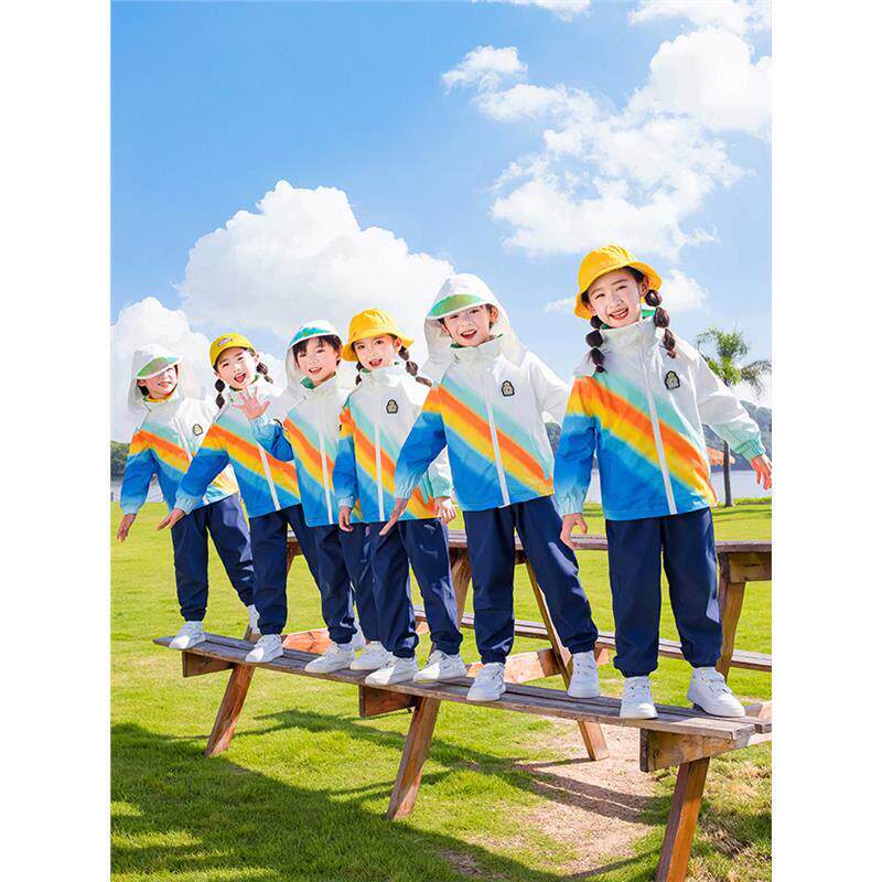 小学生校服秋冬装彩虹冲锋衣三件套少儿班服运动幼儿园园服春秋装