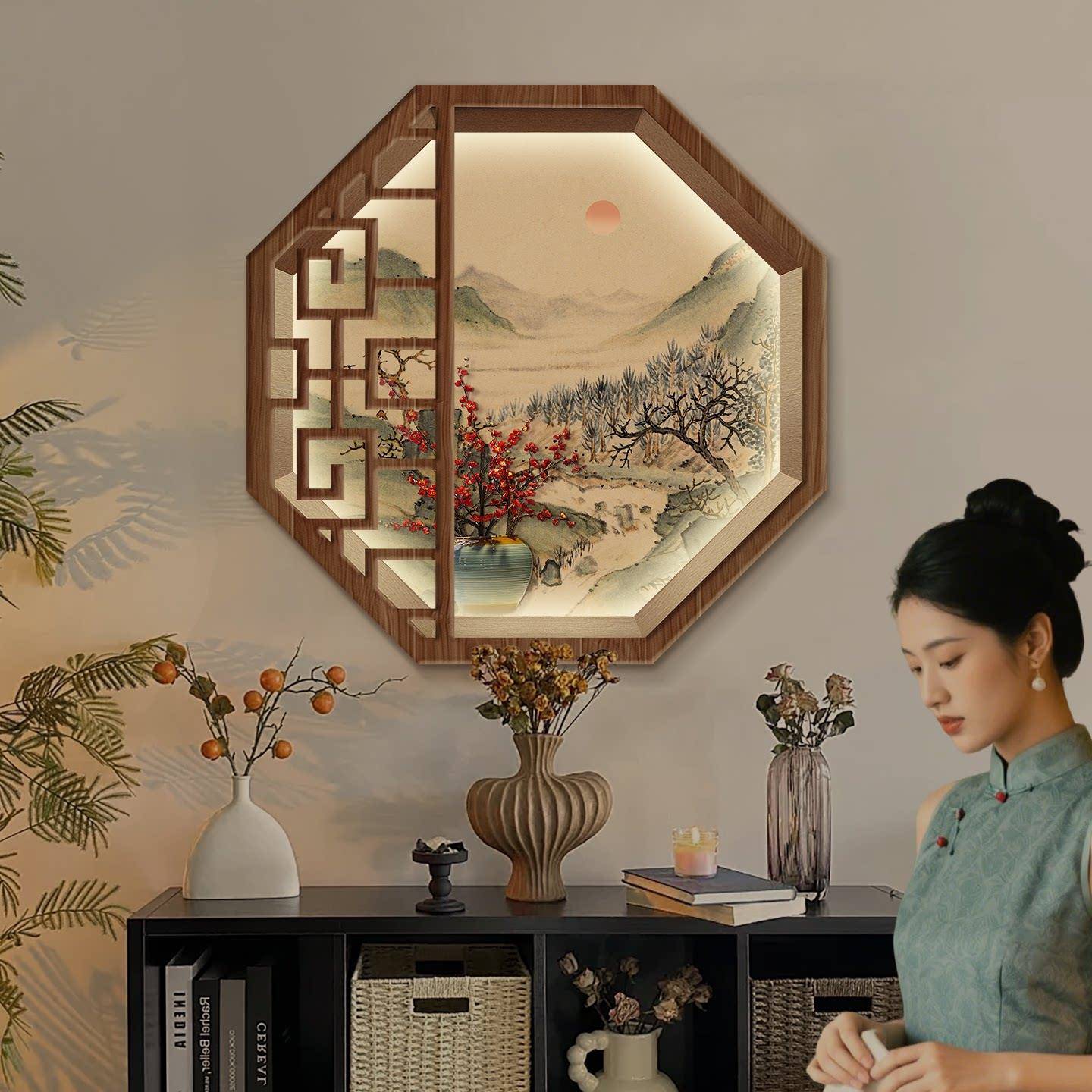 宋代美学挂画 画新中式玄关装饰画 画入户正对门茶室书房带灯砂岩