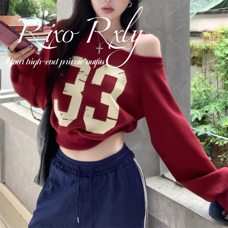 RIXO RXLY美式数字印花高腰斜肩卫衣女春秋季小众设计感短款上衣