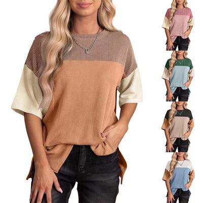 Women's Casual Round Neck Color Block Twisted Ribbed Knit