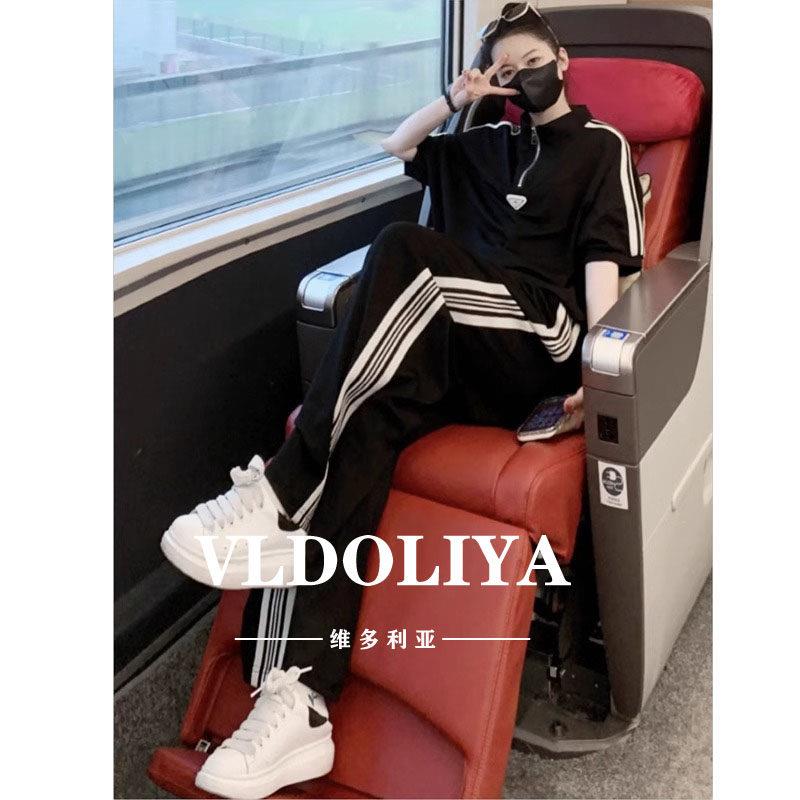 VLDOLIYA撞色休闲运动套装女夏韩系减龄显瘦黑色短袖阔腿裤两件套