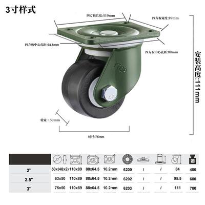 YTOP卓烨锰钢脚轮2/2.5/3寸机器械低重心小霸王PA6设备尼龙轱辘轮