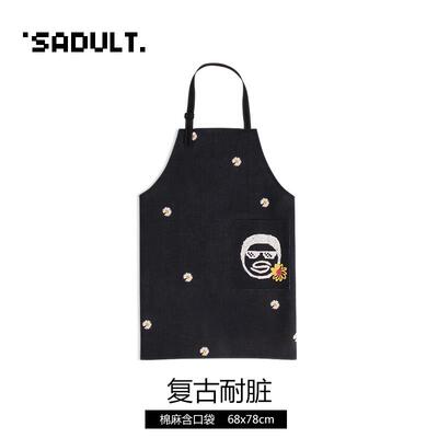 高档可i雏ns小菊日系布用艺棉麻厨房家做饭围裙防爱水防油皮革工