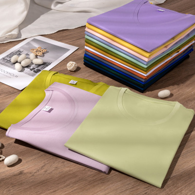 高质80支双面丝光棉t恤女夏宽松圆品袖领V23754纯领纯棉色新疆棉
