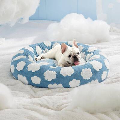 Round Plush Dog Bed with Blue Cloud Pattern NonSlip Bottom
