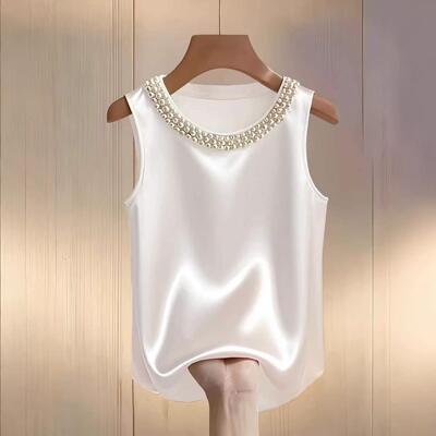 Women'S Fashion Pearl Round Neck Solid Color Short Sleeve