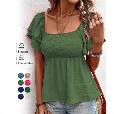 Women's Plain Shirred Blouse  Casual Layered Sleeve Top for