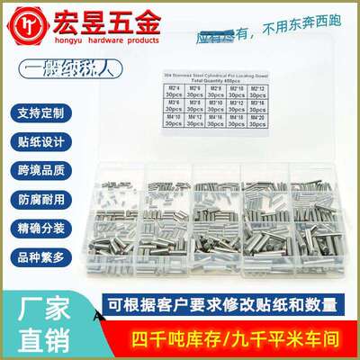 450pcs 不锈钢304 GB119圆柱销 M2M3M4组合套装盒装螺纹耐磨