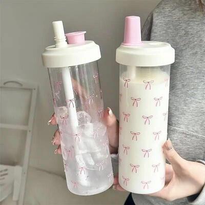 500/700ML Pink Bow Straw Water Bottle With Lid Cute Coffee B