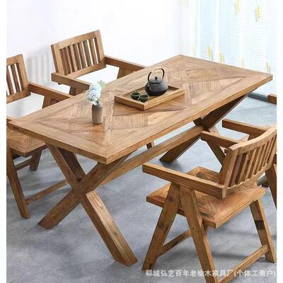 榆木老实餐门桌椅组合家用风化茶桌老板拼花桌02568木桌面台板拼