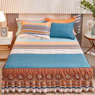 纯棉件床裙床床罩加三单件套花6598安逸边厚磨毛床单荷叶边枕套高