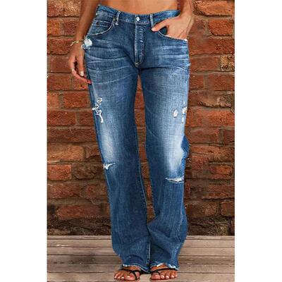 Womens Ripped Jeans Mid Rise Straight Leg Denim Jean Plus
