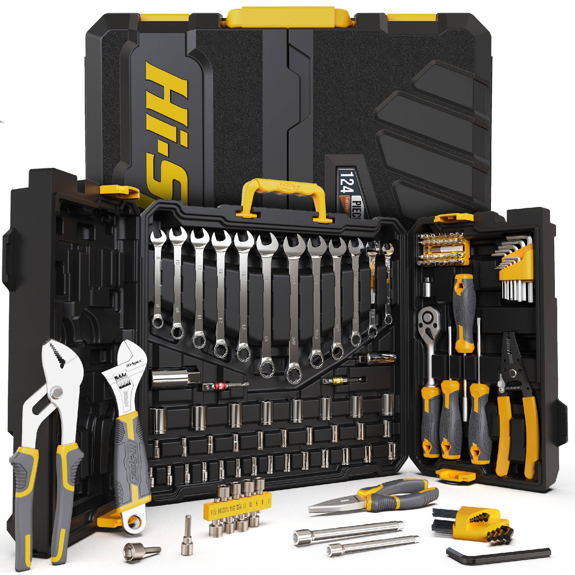 Hi-Spec 124件套套筒扳手工具组合套装公英制套管钳车载维修工具