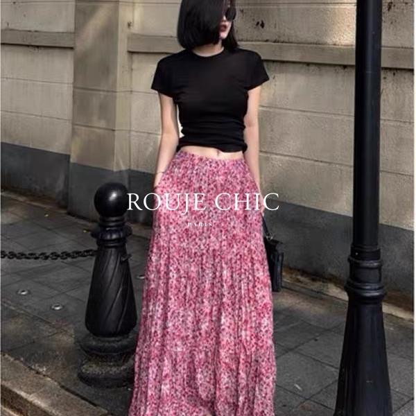 法国rouje chic夏季复古褶皱碎花垂感中长裙女法式松紧腰半身裙子